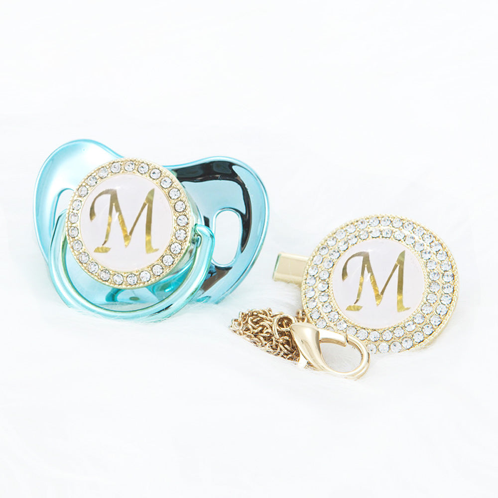 PACIFIER & CLIP SET Personalized with Initial, Custom Dummy Bling Blue